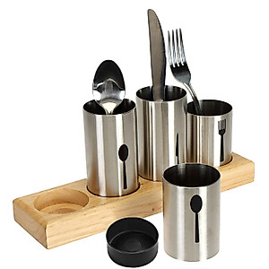 ZOOFOX 4 Pack Silverware Holder, Stainless Steel Utensil Organizer with Bamboo Base for Forks, Knives and Spoons, Perfect for Kitchen Table, Cabinet, Pantry ( Nature )