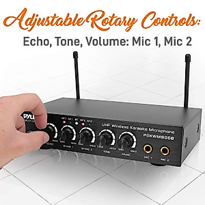 Pyle Portable UHF Wireless Microphone System - Battery Operated Dual Bluetooth Cordless Microphone Set, Includes 2 Handheld Transmitter Mic, Mixer Receiver, RCA, for PA Karaoke DJ Party PDKWM806B