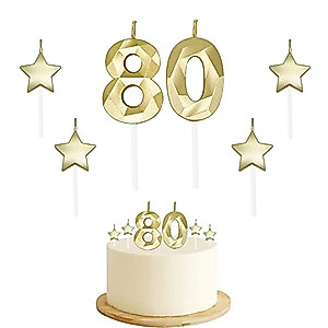 80th Birthday Candles for Cake - Number 80 & 8 & 0 Birthday Candles and Glitter Star Birthday Candles 2 Inch 3D Diamond Shape Number Candles for Birthday Party Anniversary Kids Adults(Gold)