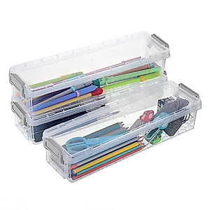 BTSKY Long Plastic Stackable Box Home, Office Supplies Storage Organizer Box Pencil Box Plastic Organizer Holder for Gel Pens Erasers Tape Pens Pencils Markers etc- 3 Pack - Clear with Grey Clip