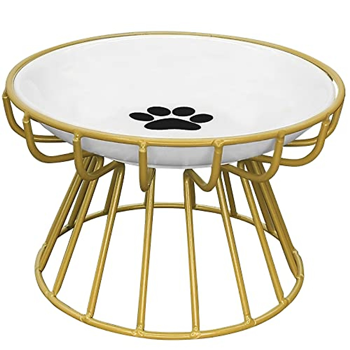 BNOSDM Raised Cat Dish Ceramic Shallow Cat Bowl with Gold Stand Elevated Pet Food Plate for Indoor Cat Kitten Small Dogs