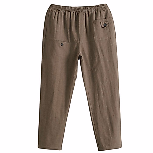 Minibee Women's Elastic Waist Casual Crop Linen Pull On Pants Amry Green XL