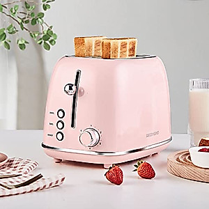REDMOND 2 Slice Toaster Retro Stainless Steel Toaster with Bagel, Cancel, Defrost Function and 6 Bread Shade Settings Bread Toaster, Extra Wide Slot and Removable Crumb Tray, Pink, ST028