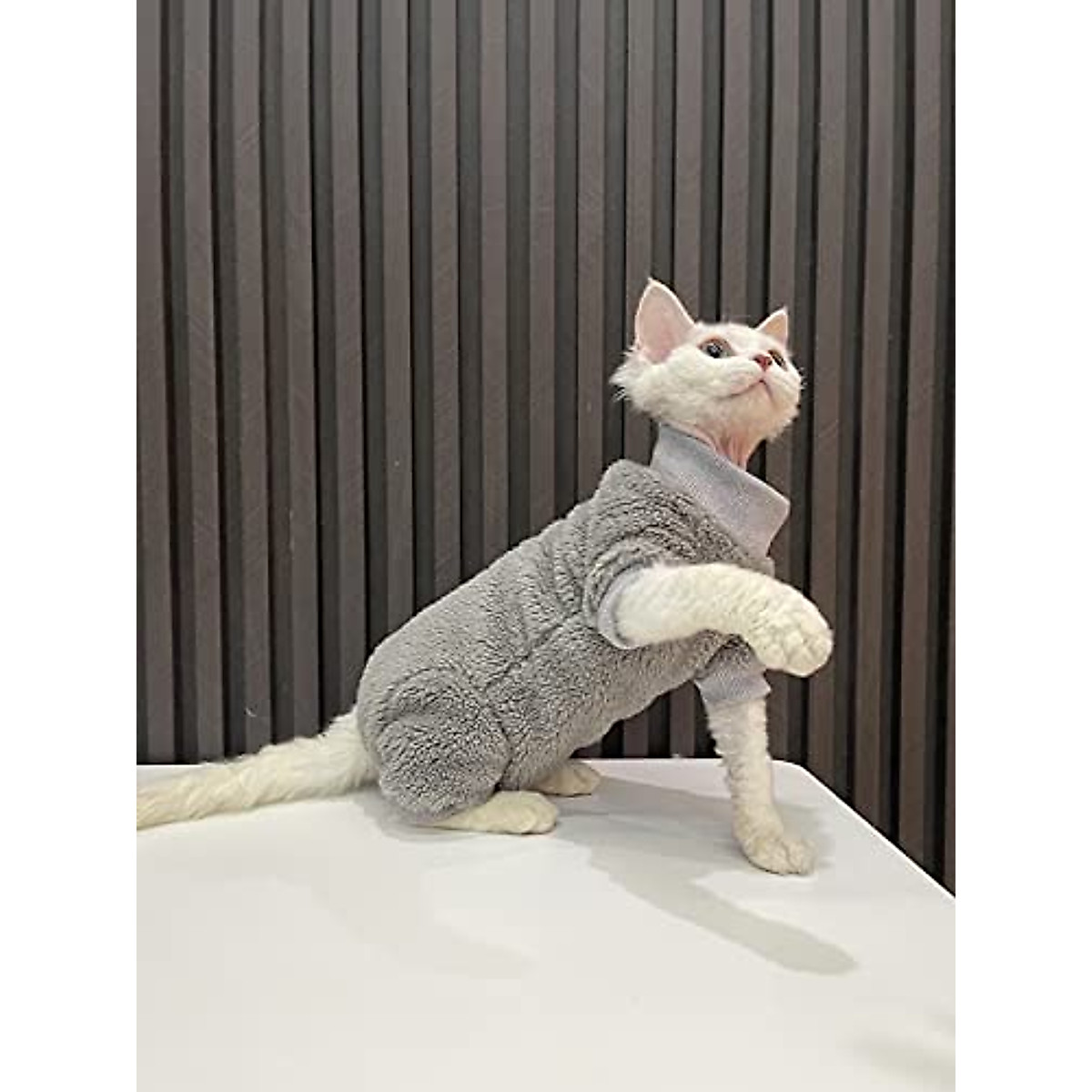 WQCXYHW Sphynx Hairless Cat Clothes Winter Soft Faux Fur Four Leg Jumpsuit Outfit High Collar Pullover Comfortable Pajamas Cat Apparel Pet Clothes (XXL(11-15lbs), Gray)