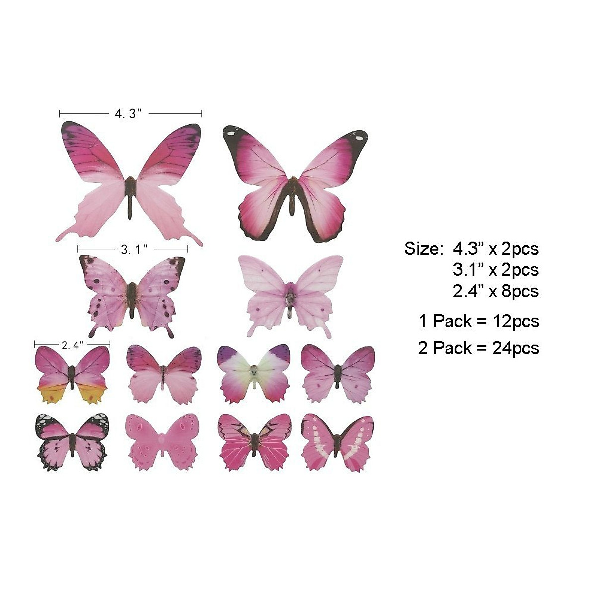 Trubetter Pink Butterfly Wall Decals, 24 Pcs 3D Removable Waterproof Stickers for Home and Room Decoration