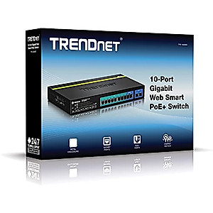 TRENDnet 10-Port Gigabit Web Smart PoE+ Switch, 8 x PoE+ Gigabit Ports, 2 x Gigabit Ethernet Ports, 2 x Shared SFP Slots, 75W Total Power Budget, Rack Mountable, Lifetime Protection, Black, TPE-1020WS