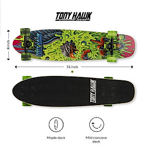 Tony Hawk 31" Complete Cruiser Skateboard, 9-ply Maple Deck Skateboard for Cruising, Carving, Tricks and Downhill, Slime Hawk