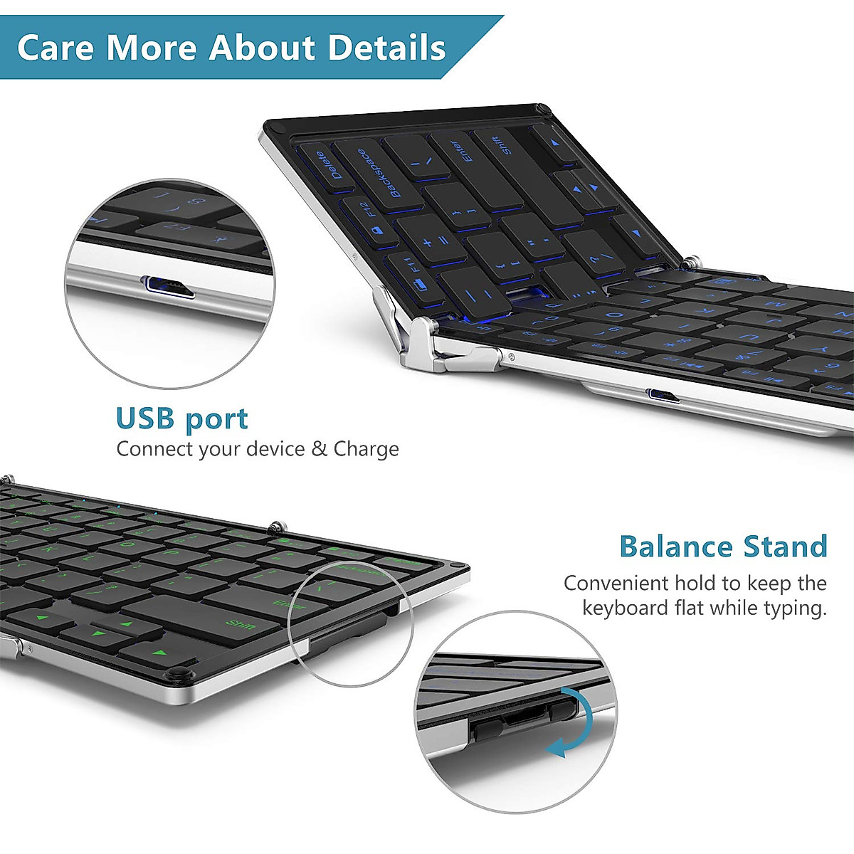 iClever BK05 Bluetooth Keyboard with 3-Color Backlight, Bluetooth 5.1 Multi-Device Foldable Keyboard with Aluminum Alloy Base for iOS Windows Android Tablets, Smartphones, Laptops, PC and More