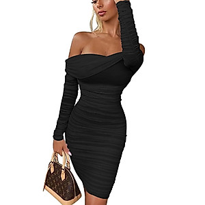 GOKATOSAU Women's Sexy Elegant Ruffle Long Sleeve Off Shoulder Ruched Party Mini Dress Black