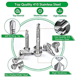 325Pcs Self Drilling Screws Assortment Kit, 410 Stainless Steel Self Tapping Sheet Metal TEK Screws for Metal, Truss & Hex Washer Head #8#10-1/2",5/8",3/4",1",1-1/4",1-1/2"