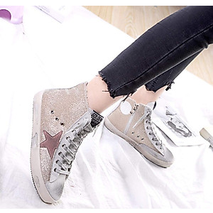 SATUKI Women's Distressed Design Lace up Star Glitter Shoes High Top Fashion Flat Sneakers (Gold, numeric_8)