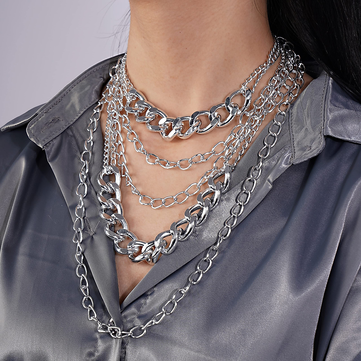 YERTTER Punk Multi-Layered Cuban Curb Chunky Chain Silver Choker Necklace Thick Choker Hip Hop Street Eboy Choker Necklace Gift
