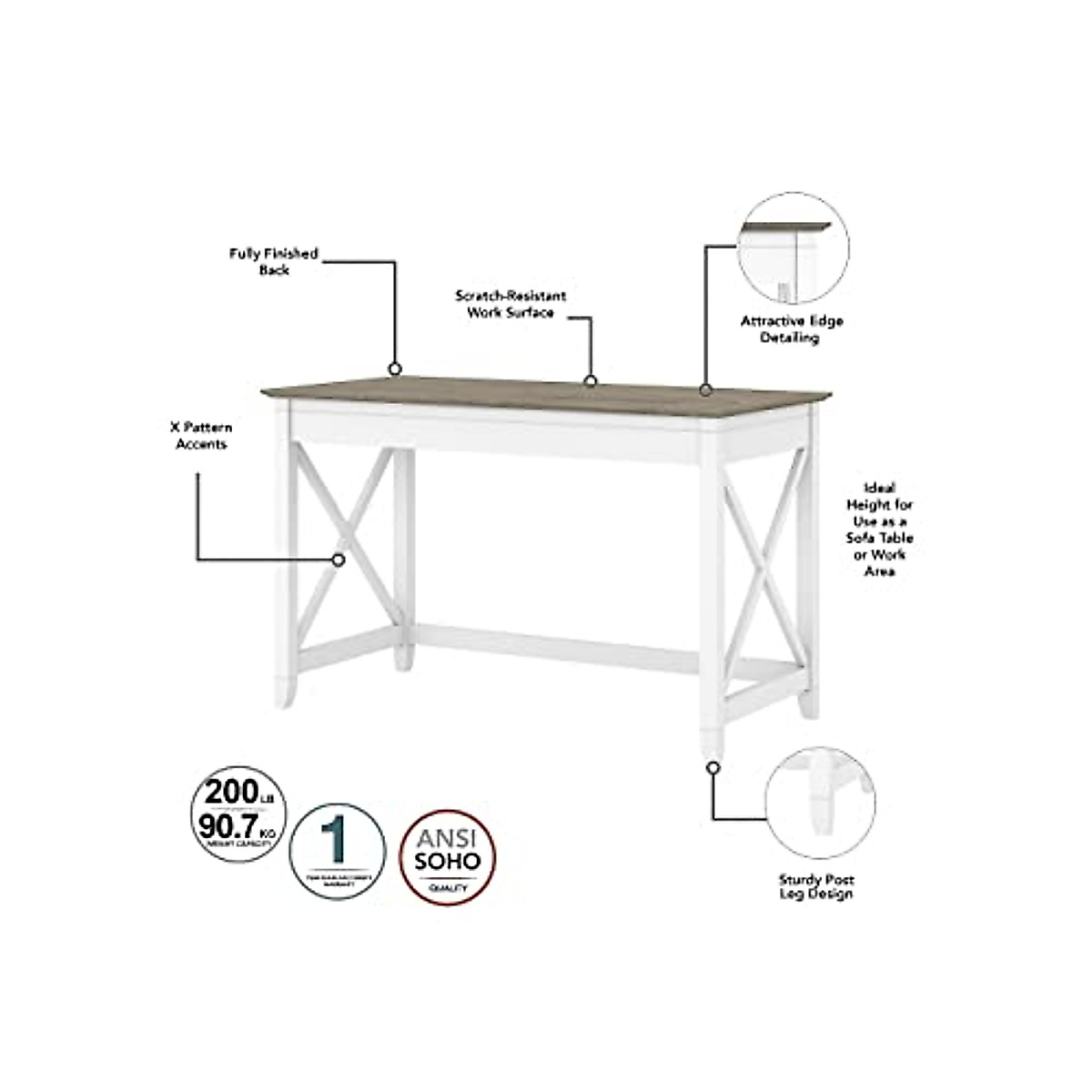 Bush Furniture Key West Writing Table for Home Office | Small Modern Farmhouse Desk, 48W, Pure White and Shiplap Gray