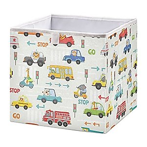 Kigai Cartoon Cars Cube Storage Bin, 11x11x11 in Collapsible Fabric Storage Cubes Organizer Portable Storage Baskets for Shelves, Closets, Laundry, Nursery, Home Decor