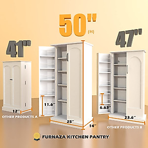 Furnaza 50" LED Kitchen Pantry Storage Cabinets - Standing Food Cabinets Cupboards with 2 Doors with Racks and Shelves Adjustable for Small Space in Dinning Room, Living Room, in White