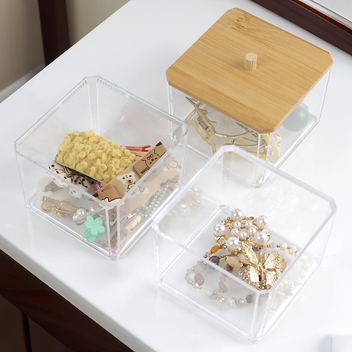 Clear Bathroom Dresser Organizer 3 Compartment with 1 Lid, Transparent Hair Accessories Organizer, Cotton Ball and Swab Holder, Small Plastic Storage Containers Vanity Makeup Organization (Wood Lid)