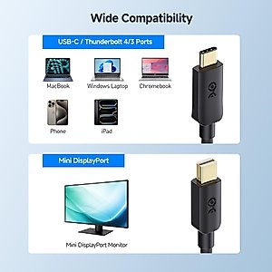 Cable Matters Unidirectional USB C to Mini DisplayPort Cable 6ft, Mini DisplayPort to USB C Cable Support 4K 60Hz -Not Compatible with Portable USB-C Monitor, USB C/Thunderbolt Storage, Hard Drives