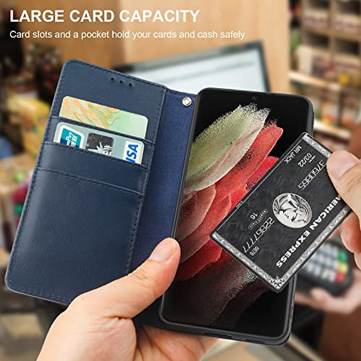 ONETOP for Samsung Galaxy S21 Ultra Wallet Case with Card Holder, Genuine Leather RFID Blocking Kickstand Wireless Charging Compatible, Long Magnetic Clasp Folio Cover with Wrist Strap 6.8 Inch Blue