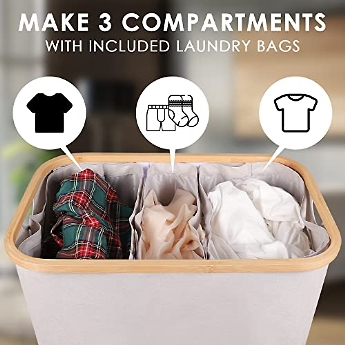 zzolee - Laundry Basket 140L with Lid, Extra Large Laundry Hamper with 3 Removable Liners (3 Compartments), Holds Up to A Week's Worth of Clothes for Family, 22x15x26 inch (Beige)