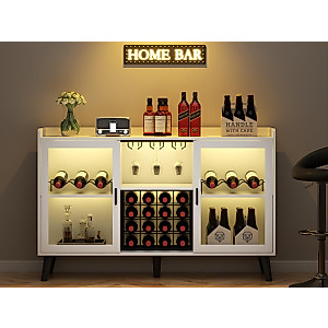Auromie Wine Bar Cabinet with Led Light, Home Coffee Cabinet with Wine and Glass Rack, Kitchen Buffet Sideboard with Storage Shelves, Freestanding Liquor Cabinet for Living Room, Dining Room (White)