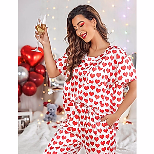 Ekouaer Happy Valentines Day Outfit Womens Pajama Sets Silk Pj Set Short Sleeve Satin Silky Pajama Set Ladies Pajamas Pyjamas Pants Set Soft Loungewear Set Valentines Day Gifts Red Heart S