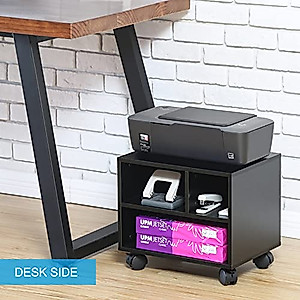 FITUEYES Mobile Printer Stand with Storage, Under Desk Black Wood Small Rolling Printer Table Work Cart with Wheels and 3 Compartment Organizer Spaces for Home Office,, 15.7 x 11.8 x 13.8