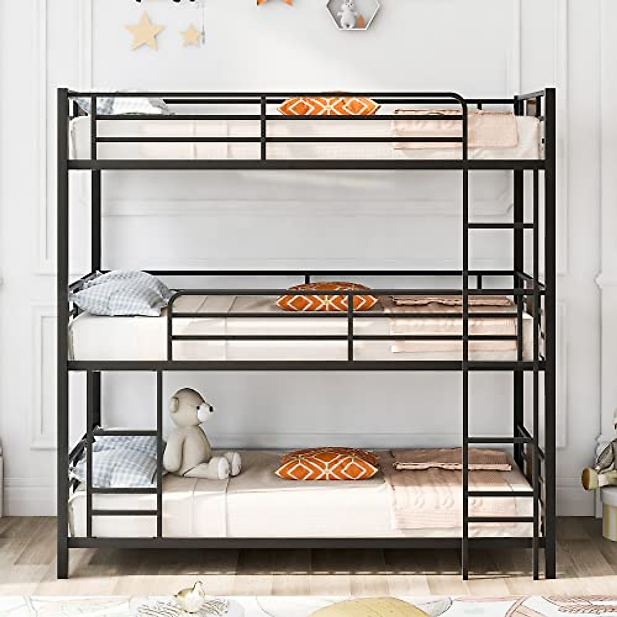 Metal Triple Bunk Bed for Kids,Twin-Over-Twin-Over-Twin Bunkbeds with Ladder and Safety Guardrails for Kids/Teen/Adults Bedroom,Divided into 3 Separate Beds,No Box Spring Needed,Brown