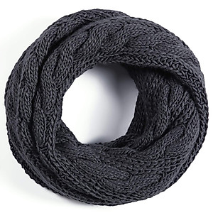 QUEENFUR Winter Women Thick Cable Knit Ribbed Infinity Circle Loop Scarf (16- Dark Grey Beanie and Scarf Set)