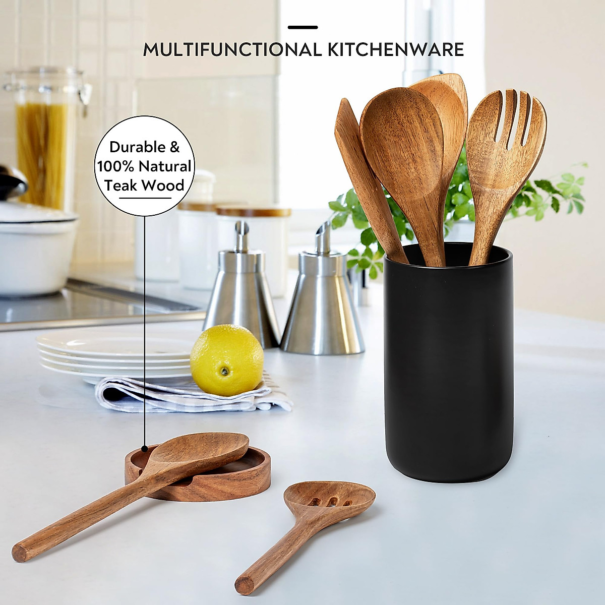 Lanzo Design Kitchen Utensil Set, 8 pcs Wooden Cooking Utensils Spatula Set with Ceramic Holder (Black Holder)