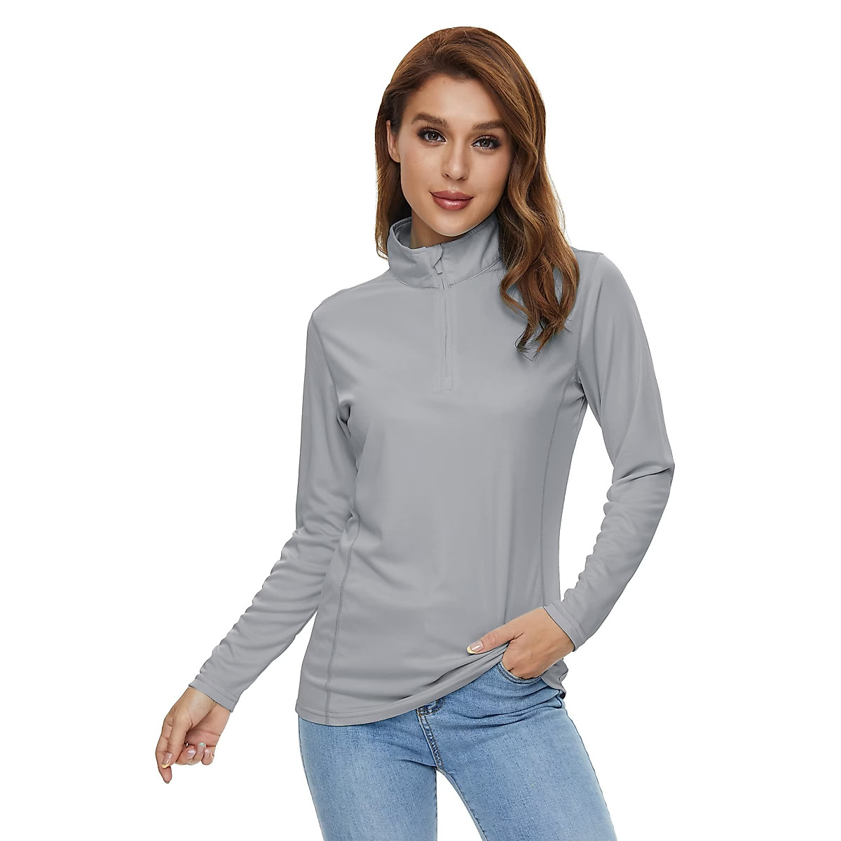 KEFITEVD UV Protection Shirts for Women Long Sleeve UPF 50+ Sun Protection Shirts Outdoor Quick Dry Hiking Shirts for Women Light Grey