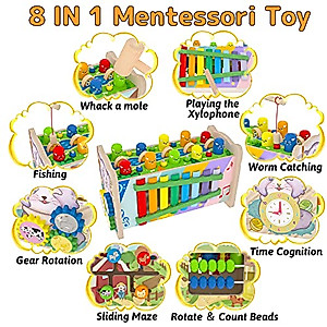8 in 1 Wooden Montessori Hammering Pounding Toys for Toddlers 1 2 3 4 Year Old Boys Girls Whack a Mole Game Xylophone Fishing Activity Sensory Educational Learning Toys for Kids 1-3 Boy Girl Gifts