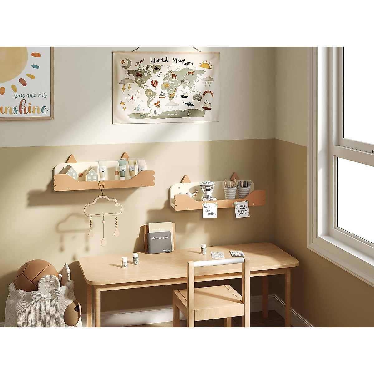 TomVista Nursery Floating Shelves, 16.5 Inches Cute Decorative Shelf for Bedroom, Kids' Room, Wall Mounted Wood Bookshelf Organizer for Wall Storage, White/Sandy Beige, Set of 3