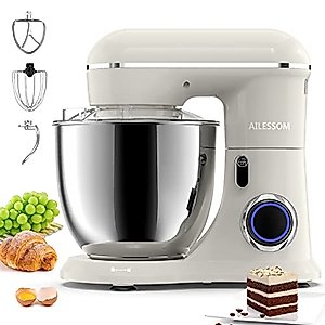 AILESSOM 3-IN-1 Electric Stand Mixer, 660W 10-Speed With Pulse Button, Attachments include 6.5QT Bowl, Dough Hook, Beater, Whisk for Most Home Cooks, Almond Cream