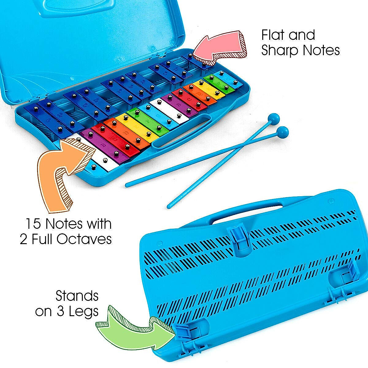 Costzon 25-Note Xylophone w/Case, Colorful Musical Toy w/Clear Tuned Metal Keys, 2 Child-Safe Mallets, Perfectly Tuned Instrument for Kids, Toddlers (With music sheets, Blue)