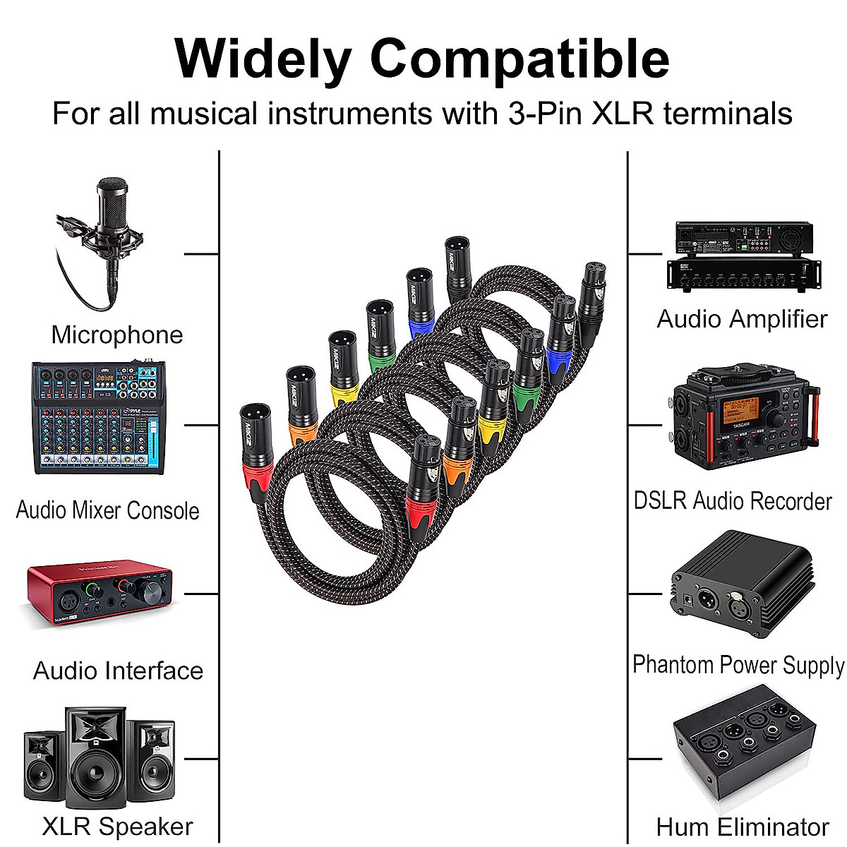 MIKIZ XLR Cables for Microphone 25ft 6 Packs - Braided Premium Balanced XLR Mic Cable 3-Pin Male to Female Dual Shielded