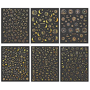 3D Moon Star Nail Stickers,Holographic Nail Decals,Stars Moon Sun Planets Design Laser Gold Nail Art Stickers Self Adhesive Sticker Nail Art Decorations Women DIY Nail Accessories,6 Sheets/Set