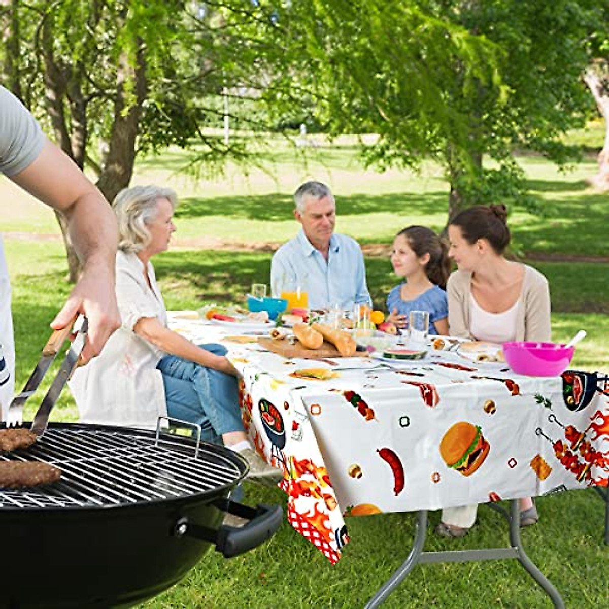 Plastic BBQ Party Tablecovers 86 x 51 inches Disposable Printed BBQ Party Tablecloth for Outdoor Indoor Birthday Barbecue Party Decoration Stain Resistant and Easy to Clean(3 Pack)