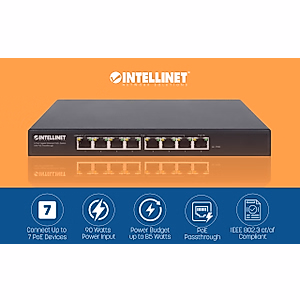 Intellinet 8-Port Gigabit Ethernet PoE+ Switch with PoE Passthrough - 85W PoE Budget, 30 W per Port, 16 Gbps Switch Fabric - 3 Yr Mfg Warranty-561679