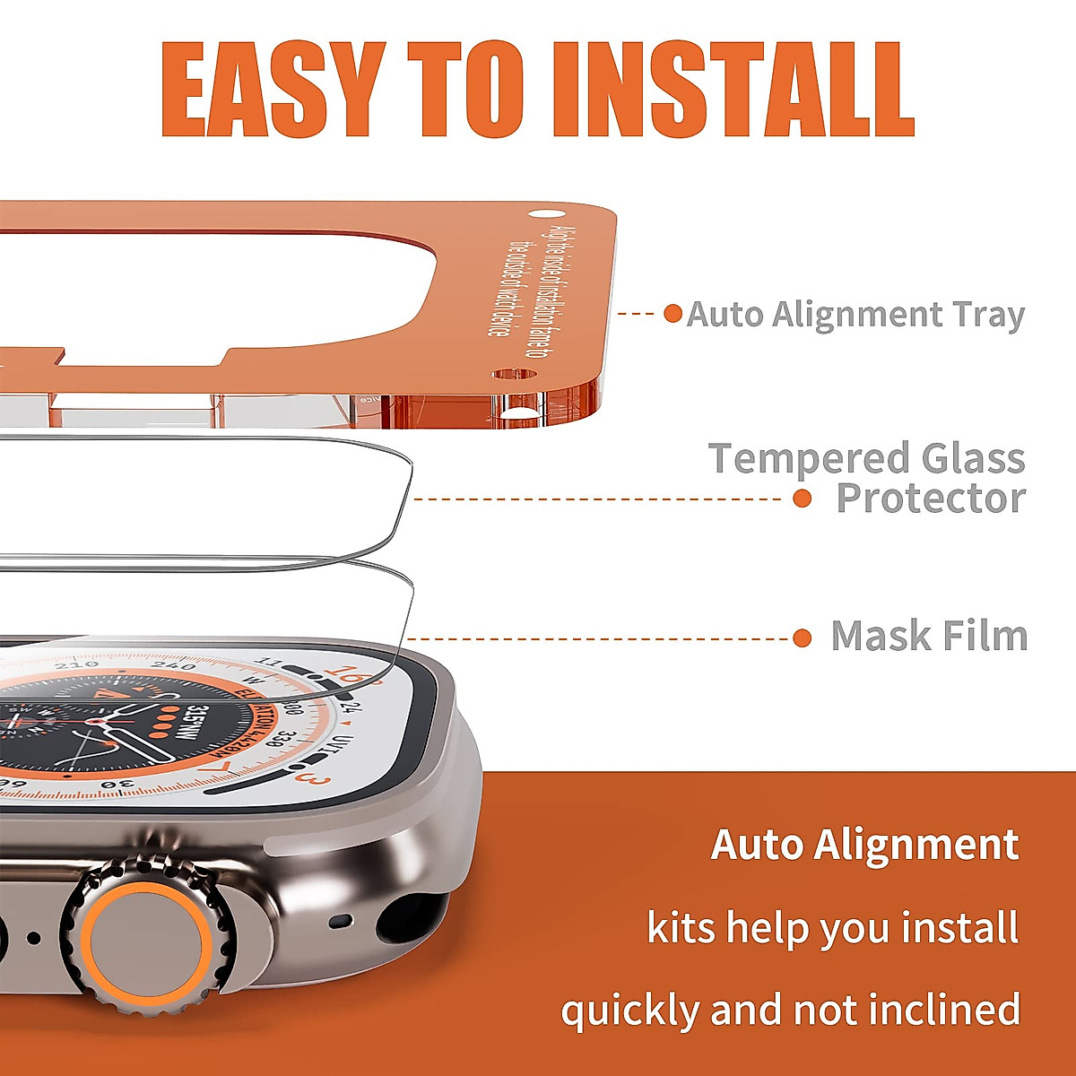 Smiling 3 Pack Tempered Glass Screen Protector with Auto-alignment Installation Frame Compatible with Apple Watch Ultra 2 (2024,2023)/Ultra 49mm, Waterproof HD Screen Protector