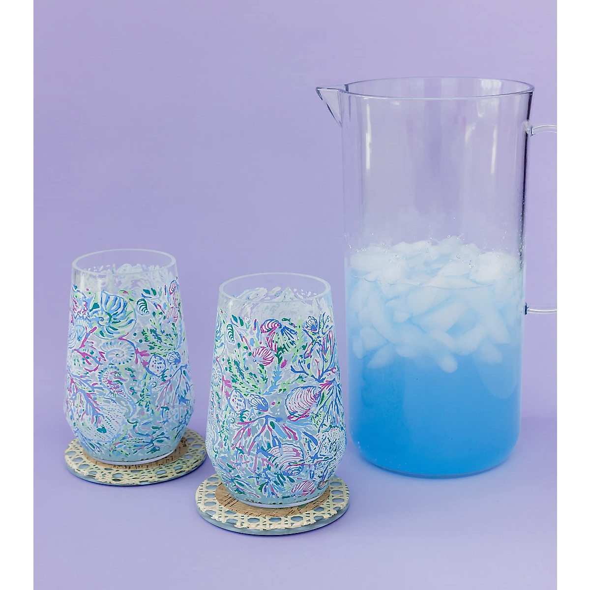Lilly Pulitzer Stemless Wine Glass Set of 2, Large Acrylic Wine Glasses, 22 Ounce Plastic Cocktail Cups for Indoor/Outdoor, Soleil It On Me