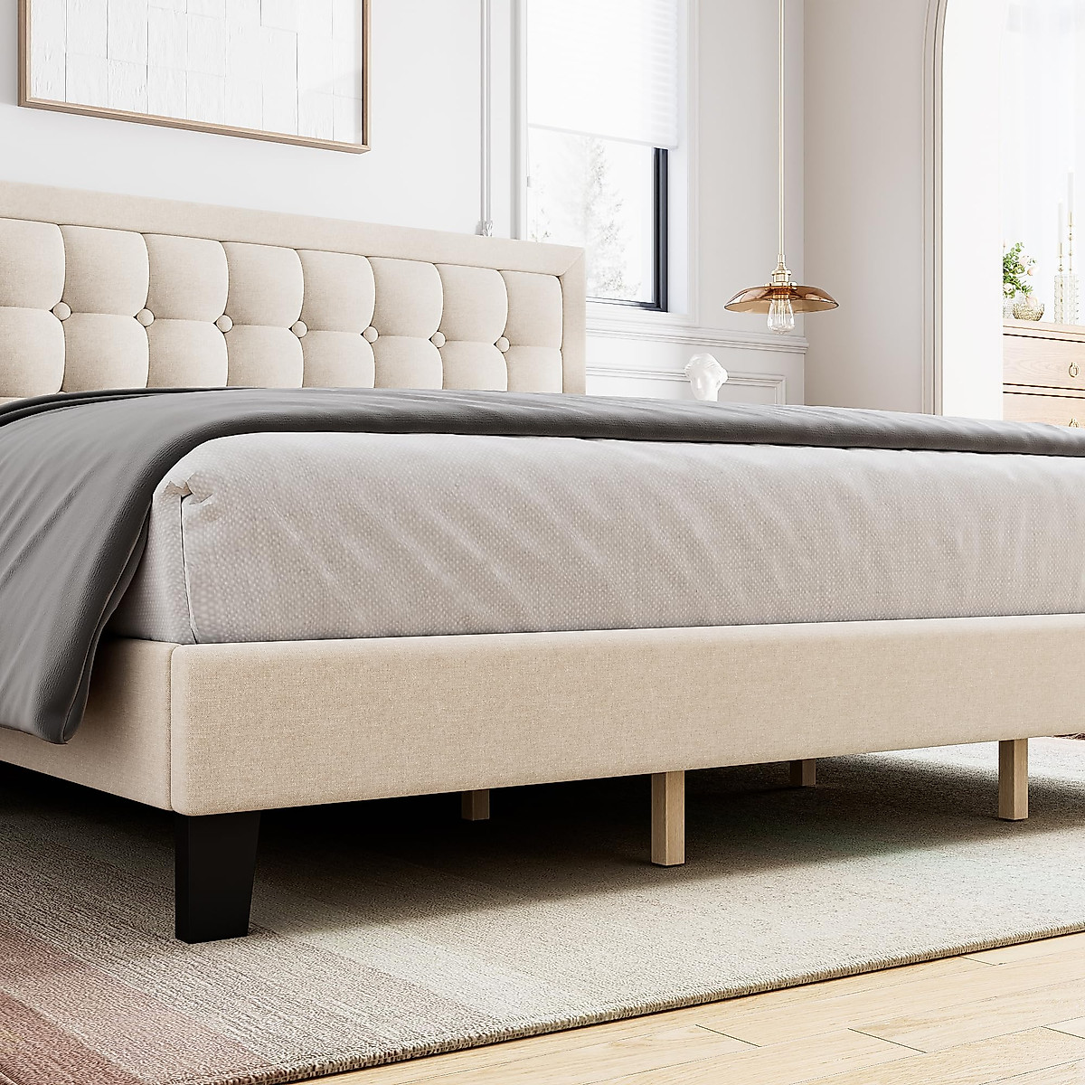 Senfot King Size Bed Frame, Linen Upholstered Platform Bed Frame with Adjustable Headboard and Strong Wooden Slats, Non-Slip and Noise-Free, No Box Spring Needed, Easy Assembly, Off White