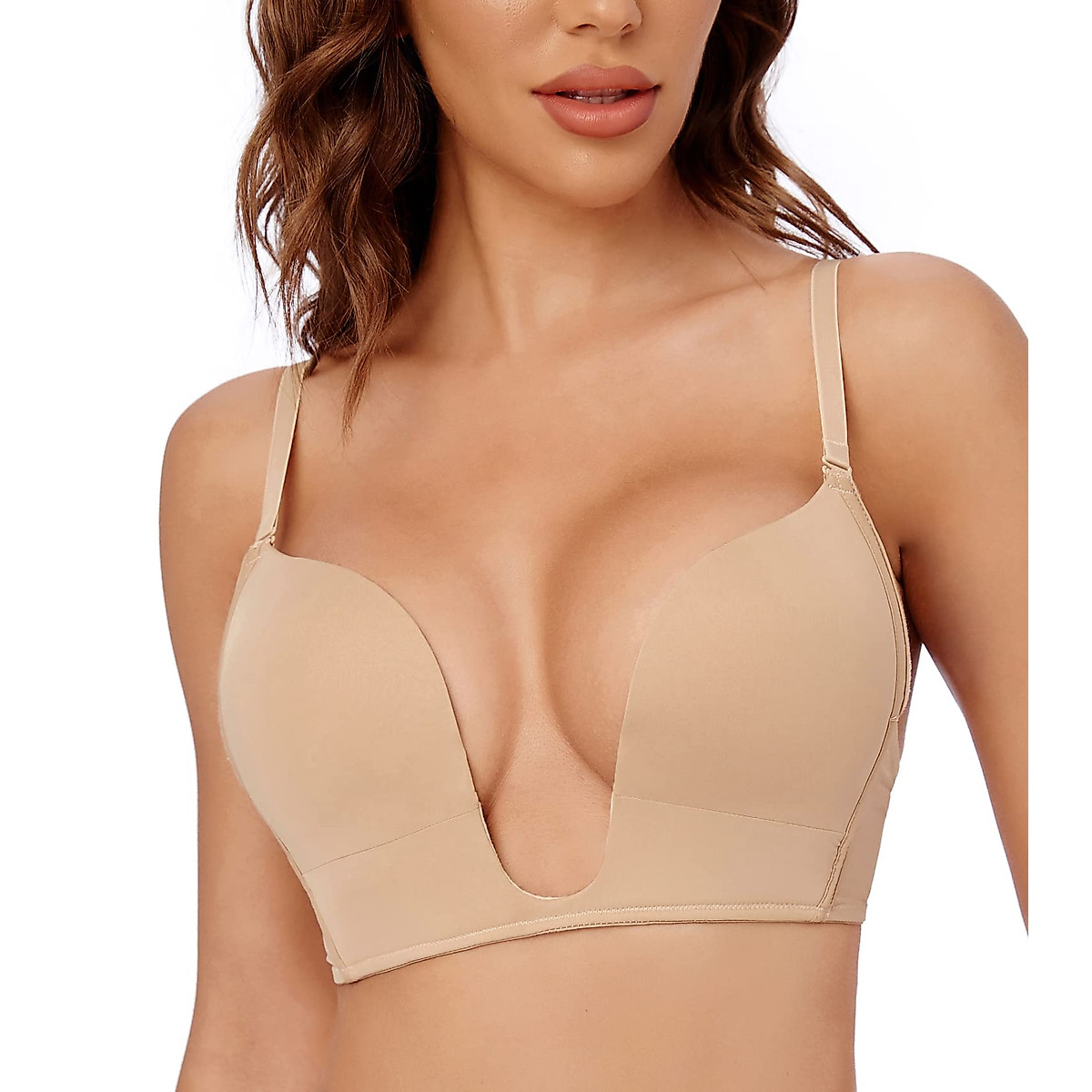 Wekofi Deep V Plunge Bras for Women Convertible Sexy Low Back Invisible Magic Wire Bra(Sand, 38C)