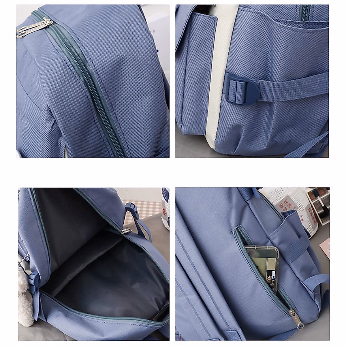 AONUOWE 5pcs Aesthetic Backpack Set for School Teens Girls Daypack Cute Trendy Large Capacity Preppy Shoulder Bag (Blue)