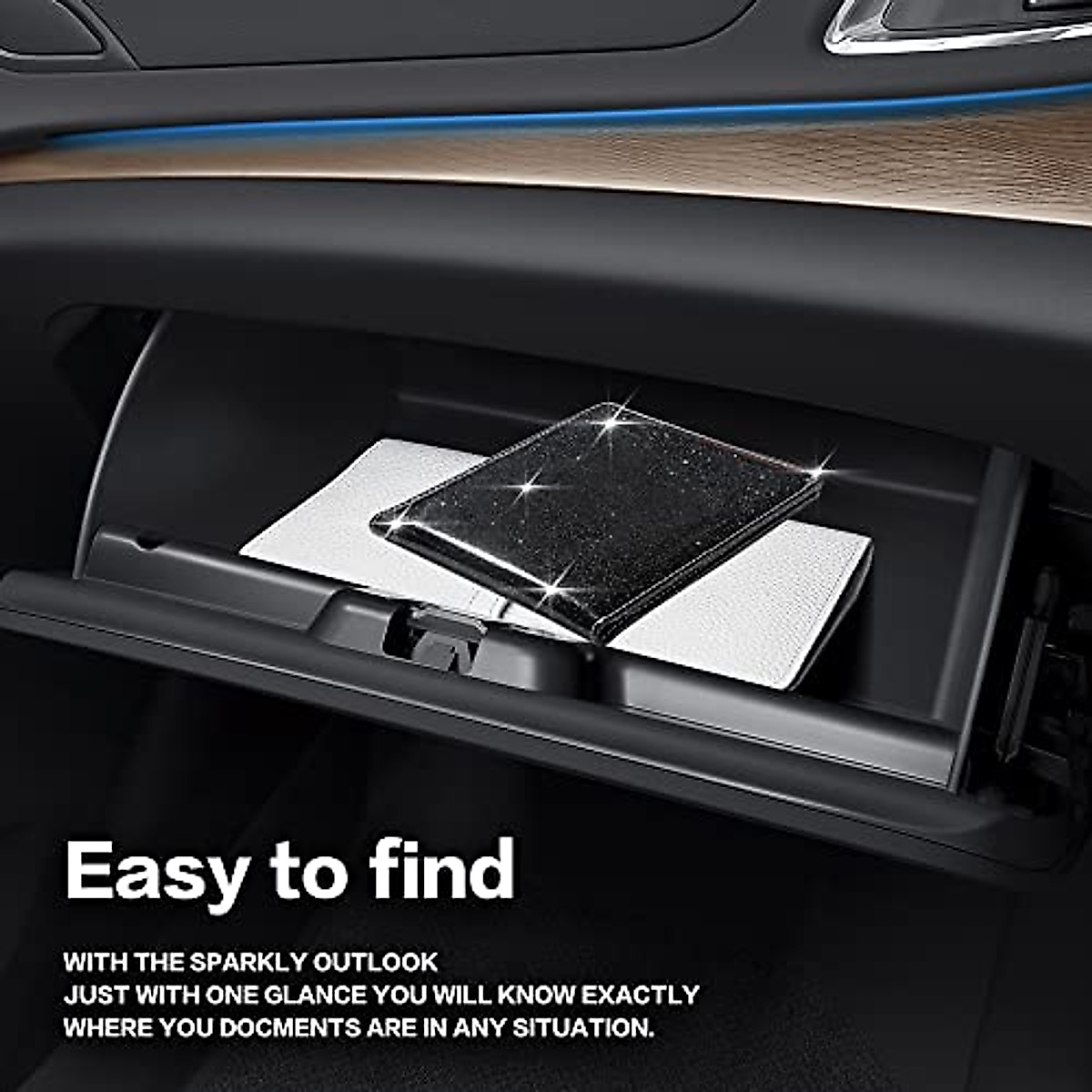 VAGURFO Car Registration And Insurance Holder, Leather Vehicle Card Document Glove Box Organizer, Glitter Auto Truck Compartment Accessories (Black)