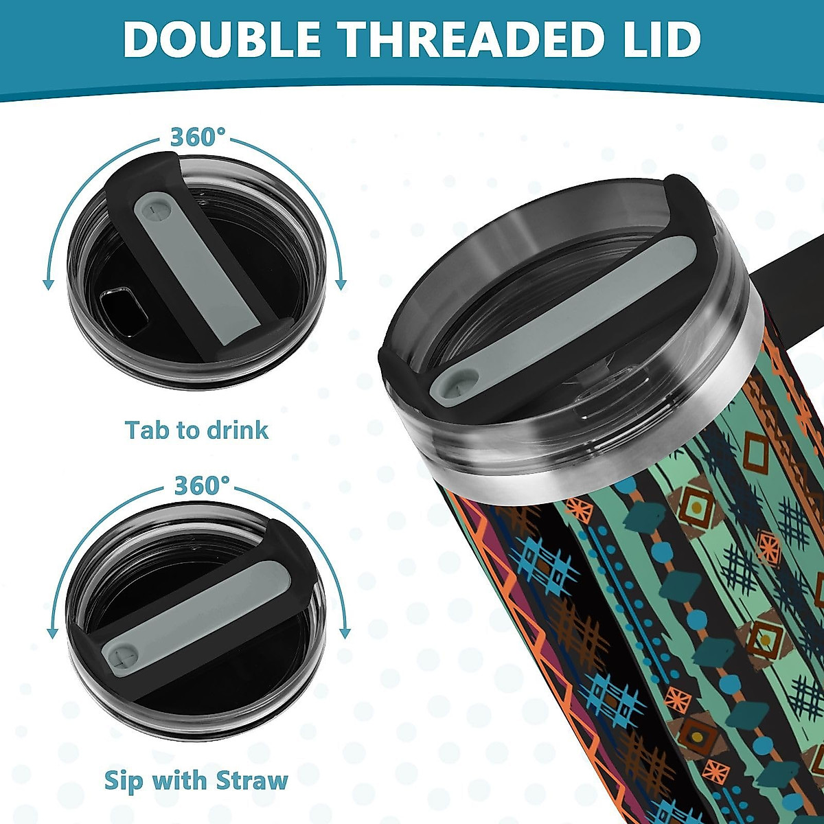 Yasala Car Tumbler with Handle Ethnic Boho Tribal Classic Travel Mug Coffee Cup Insulated Beverage Container Mega Cup for Hot Cold Drinking Thermos Water Bottle Cupholder Friendly 40 oz