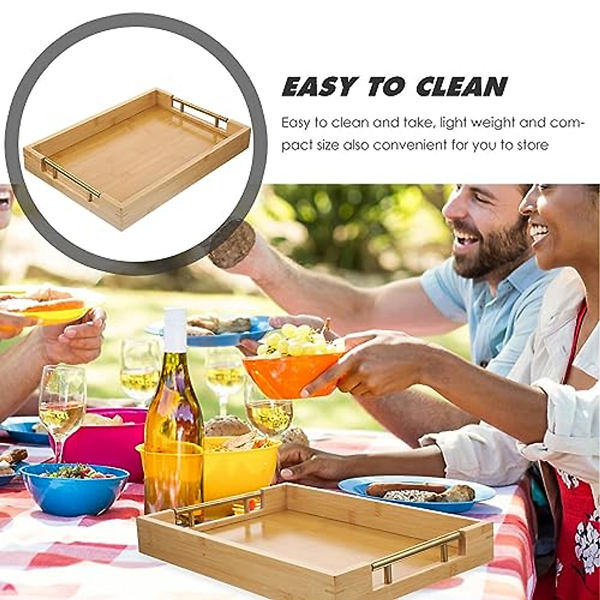 Kichvoe Bamboo Serving Tray Kitchen Food Tray with Handles Serving Platters Tray for Dinners Party Tea Bar Table Breakfast Snack 38 * 26.5 * 5cm