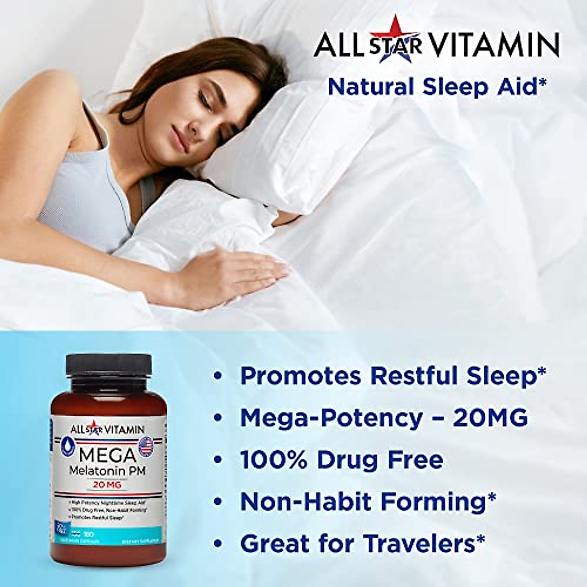 All-Star Vitamin Mega-Melatonin PM 20mg, High Potency, 180 Vegetarian Capsules, Clean-Formulated, Non-GMO, Gluten Free, Vegan, Drug-Free