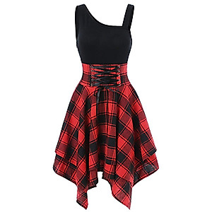 F_Gotal Women's Vintage Sleeveless Cold Shoulder Dress Lace Up Plaid Print Irregular Swing Dress Evening Party Cocktail Red