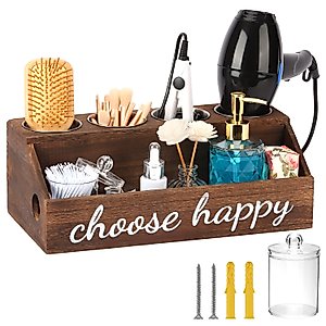 Hair Tool Organizer - Brown Hair Dryer Holder Rustic Wood Blow Dryer Holder Hot Hair Tools Curling Iron Straightener Holder Wall Mounted & Countertop Bathroom Organizer Vanity Cabinet Storage Stand