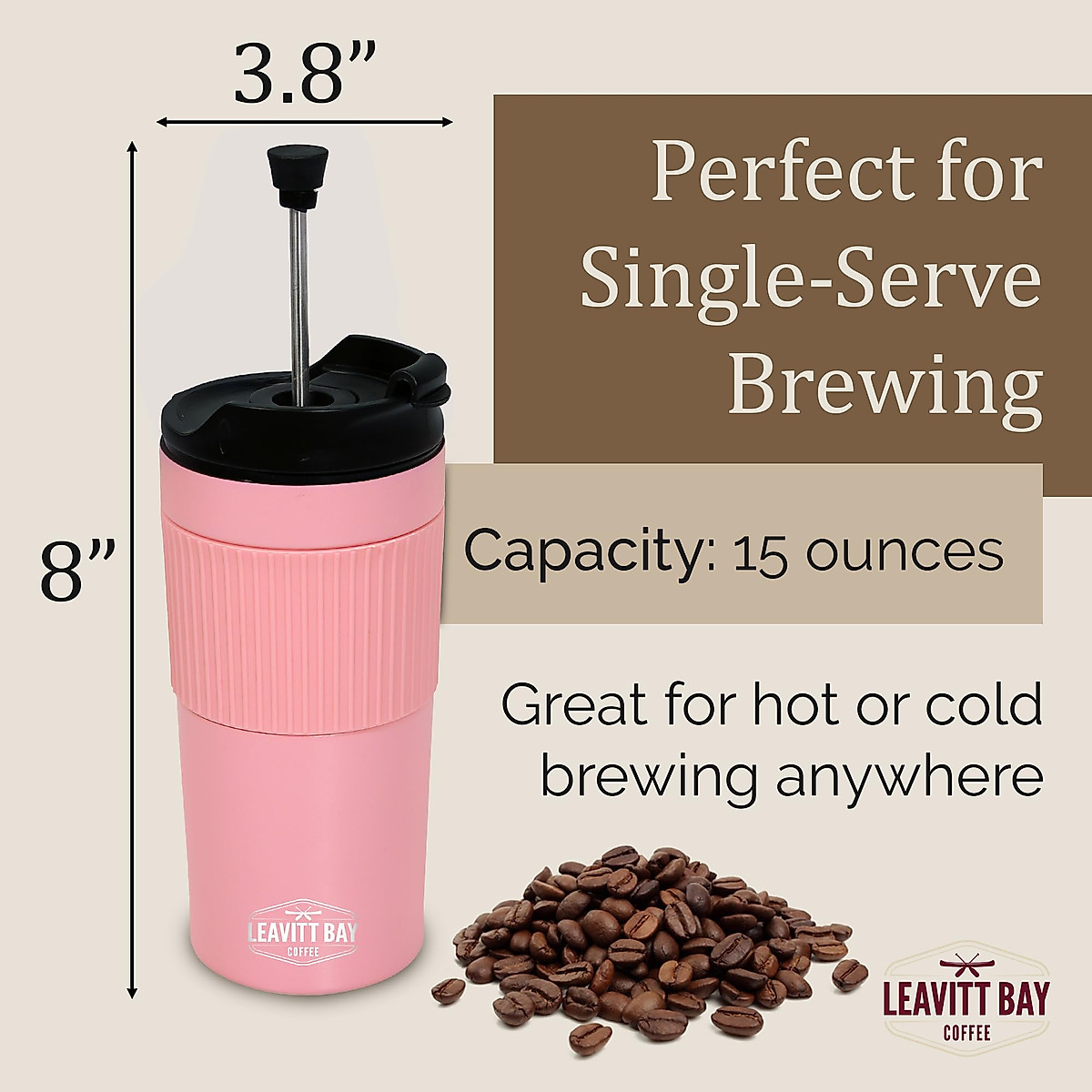 Portable French Press Travel Mug (15oz) - Stainless Steel & Double Wall Vacuum Pink Coffee Maker – Single Serve French Press for Travel, Home, Office, or Camping - No Leak Coffee or Tea Press Tumbler
